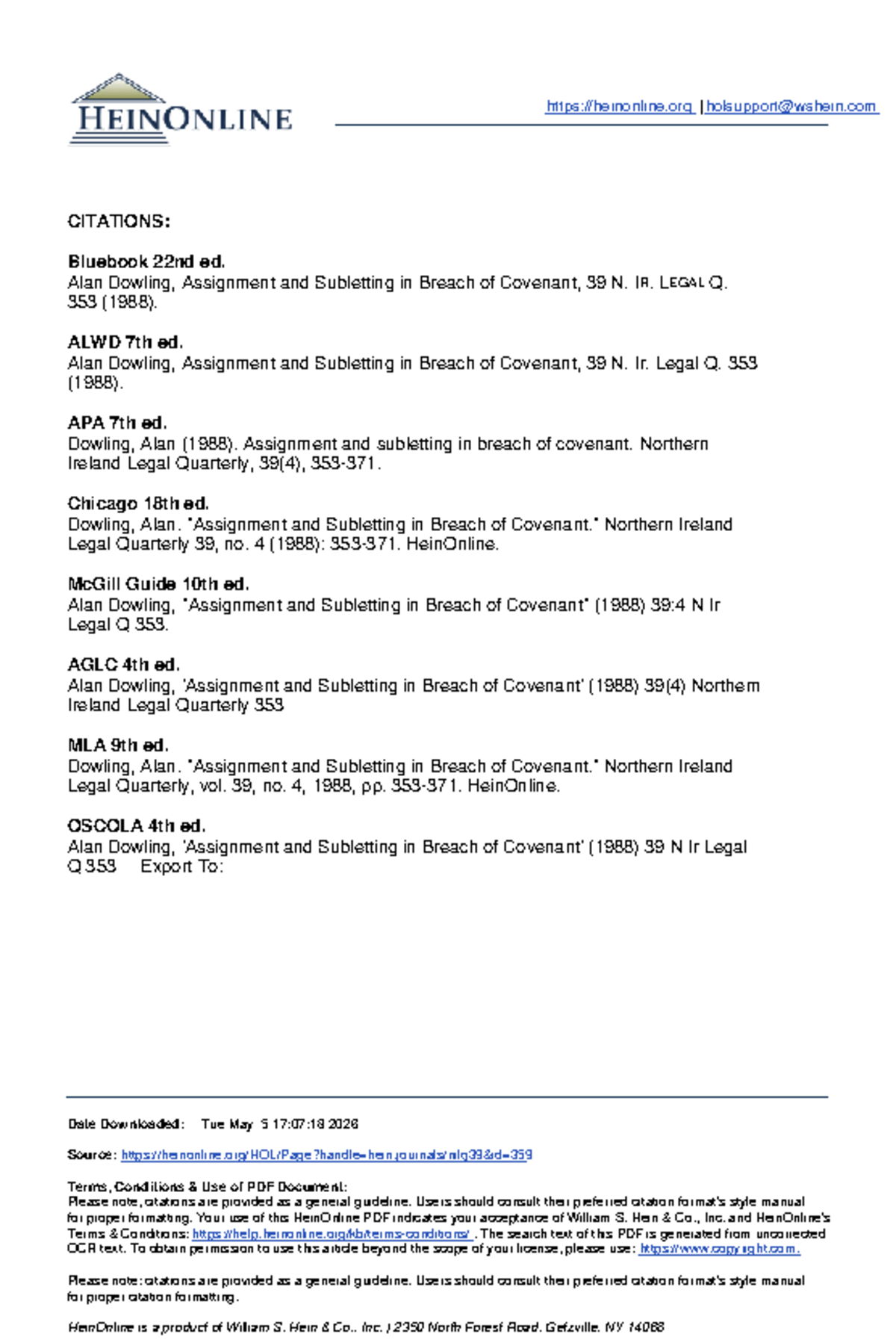 CITATIONS: Assignment and Subletting in Breach of Covenant - 39 N. Ir ...