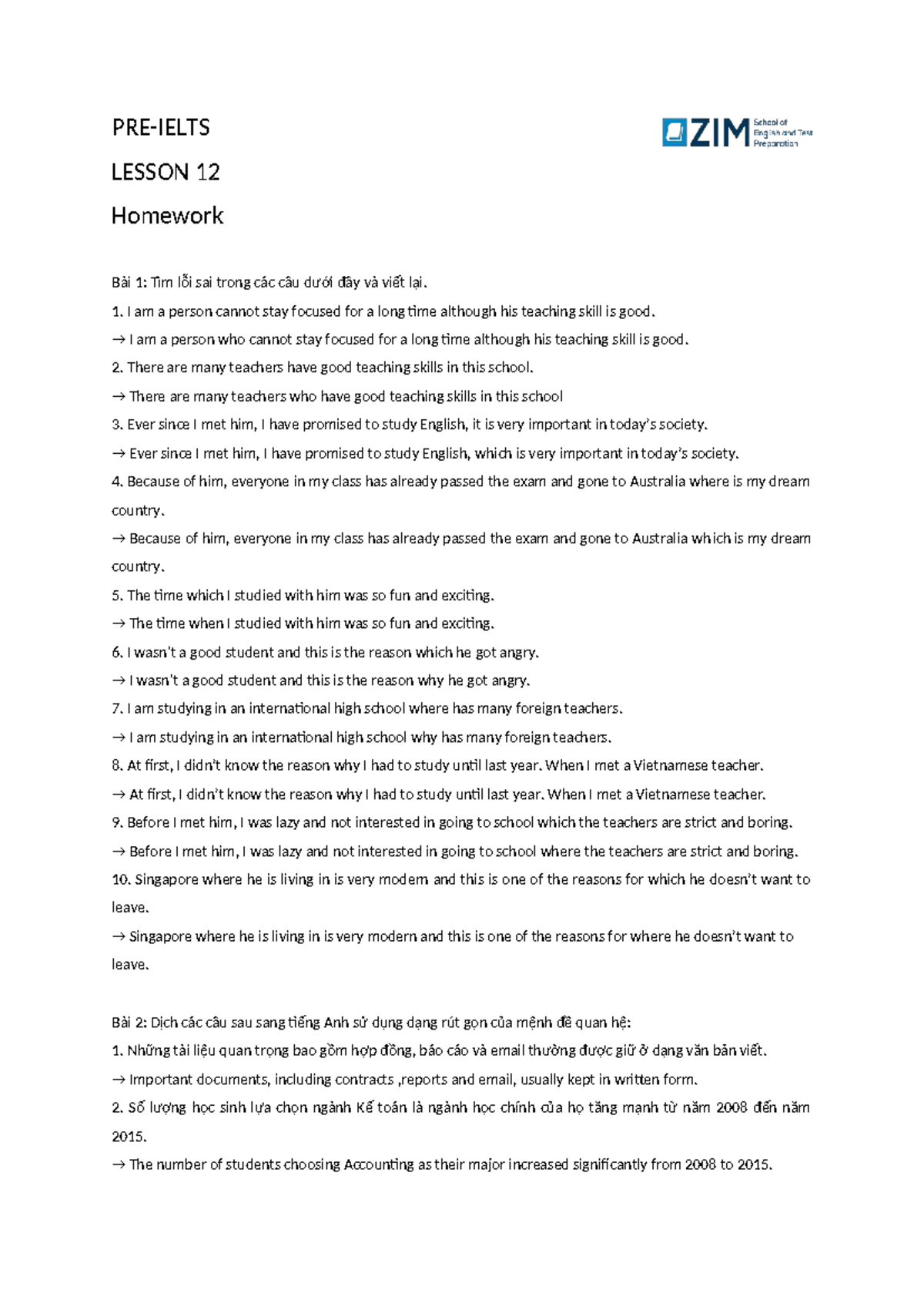 Lesson 12 homework: Finding and correcting errors in sentences - Studocu