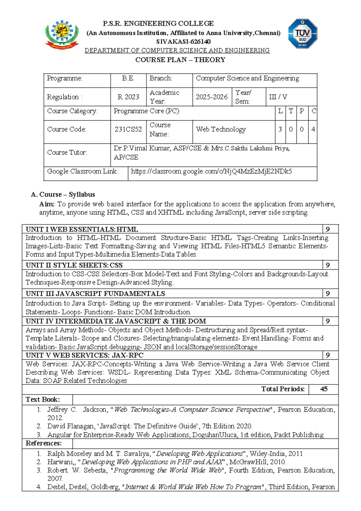 Course Plan for Web Technology (231CS52) - B.E. Computer Science - Studocu
