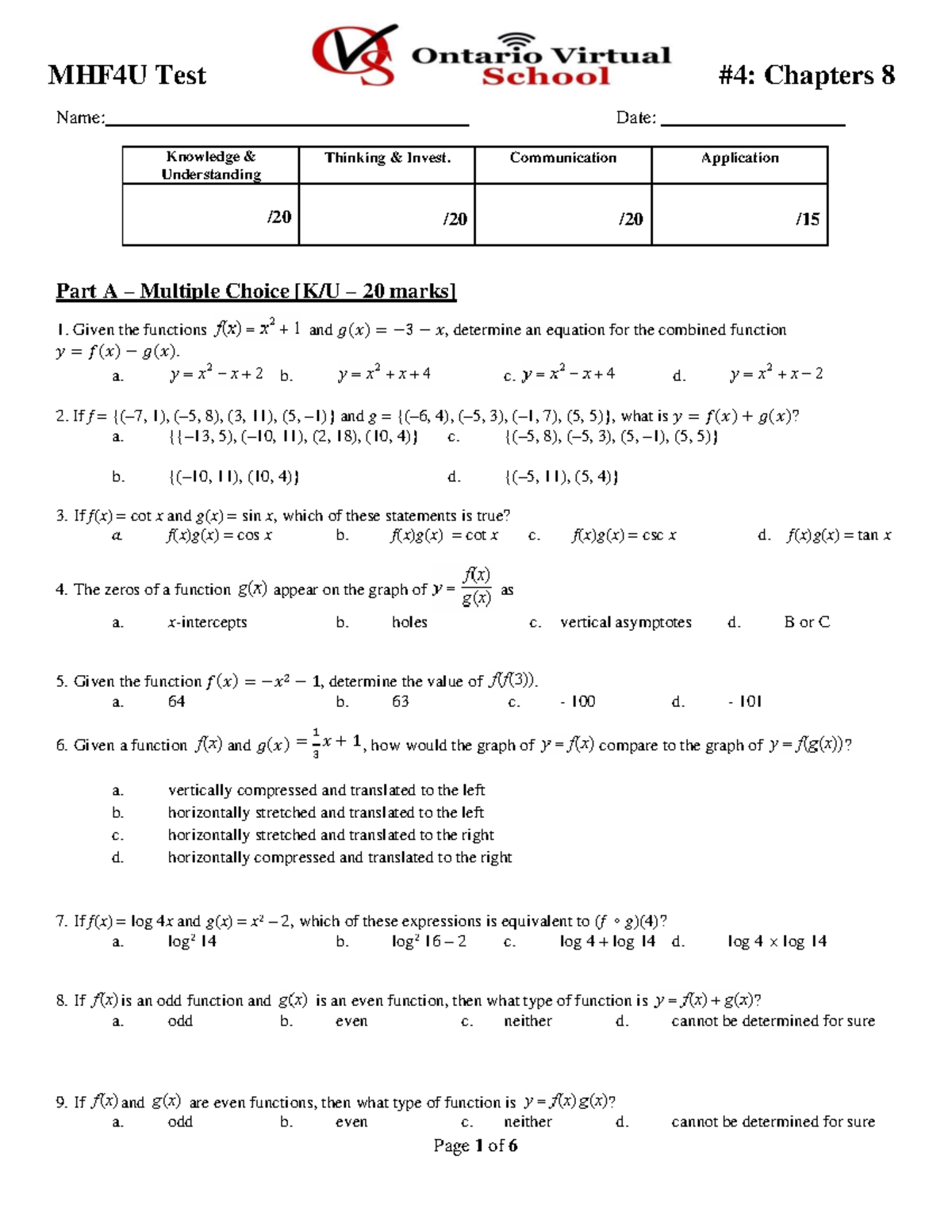 MHF4U Test: Combined Functions and Graph Analysis - Studocu