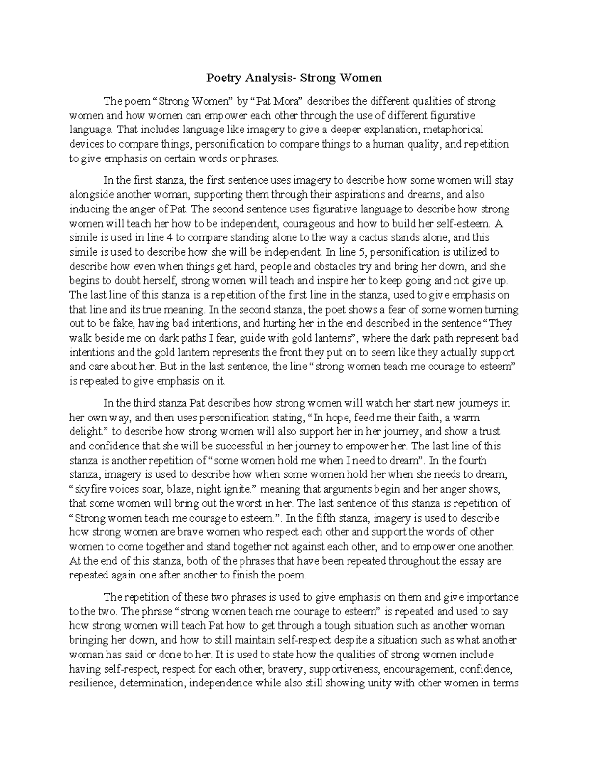 Poetry Analysis: Examining "Strong Women" by Pat Mora - Studocu