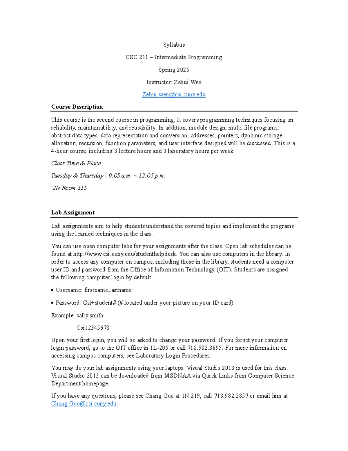 Syllabus for CSC 211: Intermediate Programming - Spring 2025 - Studocu