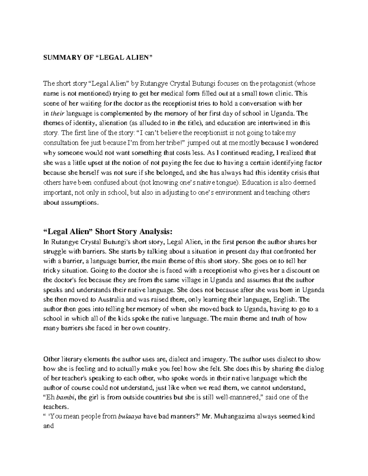 Legal-alien - SUMMARY OF “LEGAL ALIEN” The short story “Legal Alien” by ...