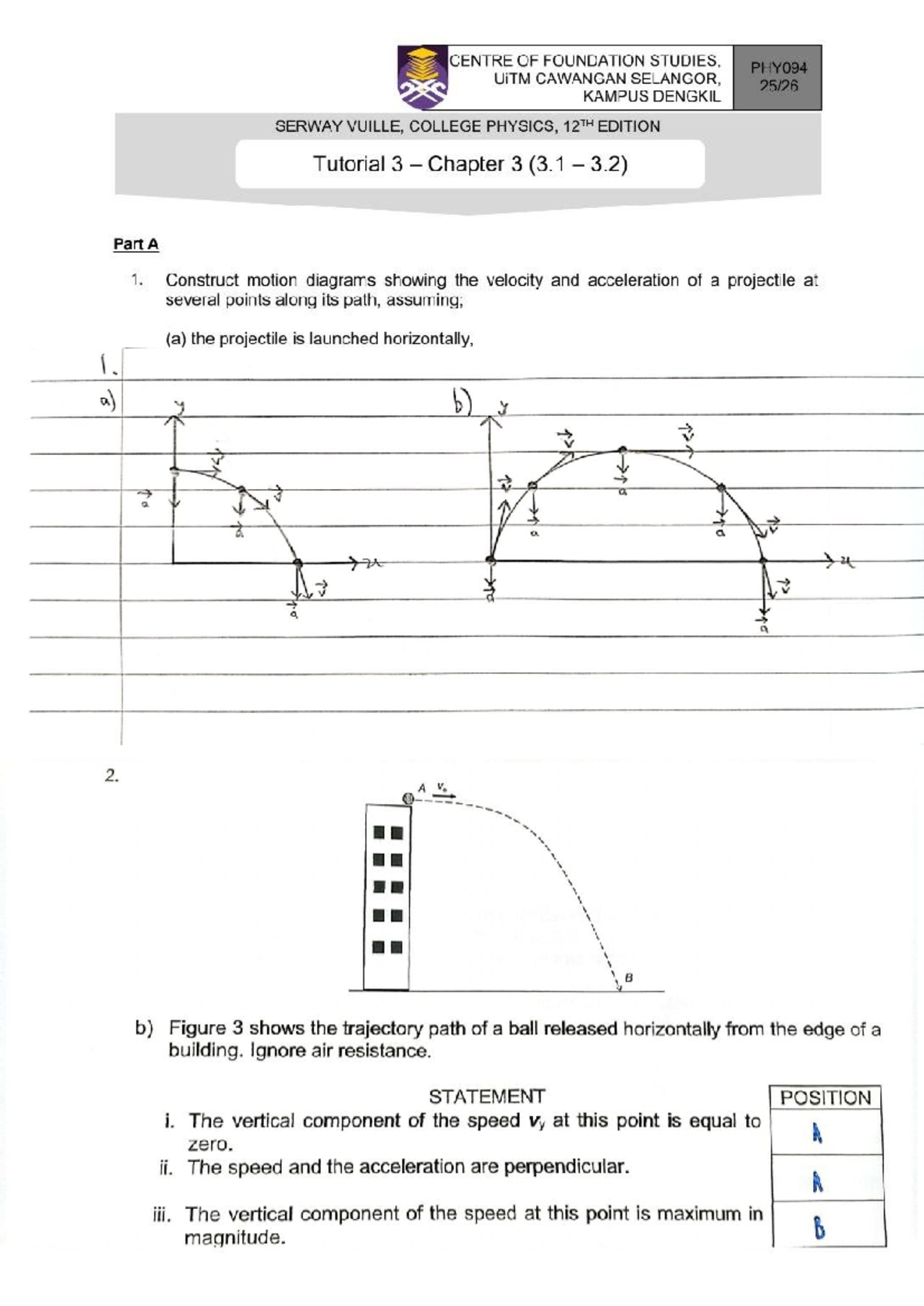 Physics Tutorial 3: Projectile Motion Concepts (PHY094) - Studocu