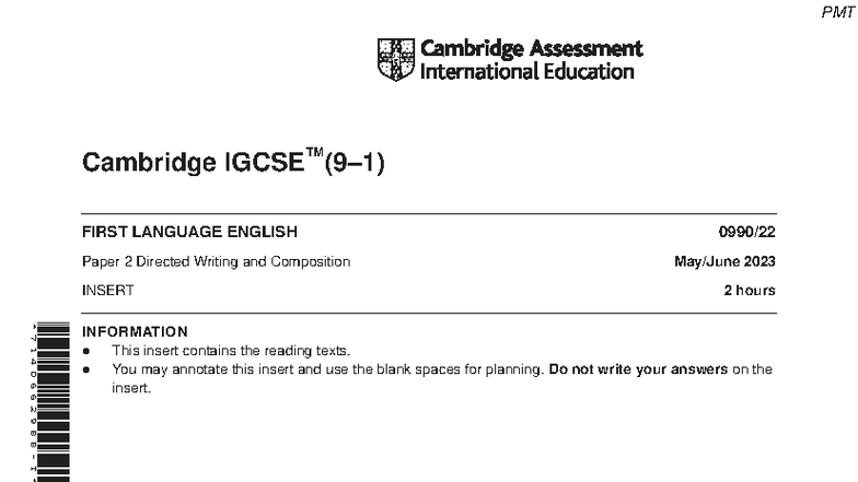 PMT Cambridge FIRST LANGUAGE ENGLISH Paper 2 Directed Writing Insert ...