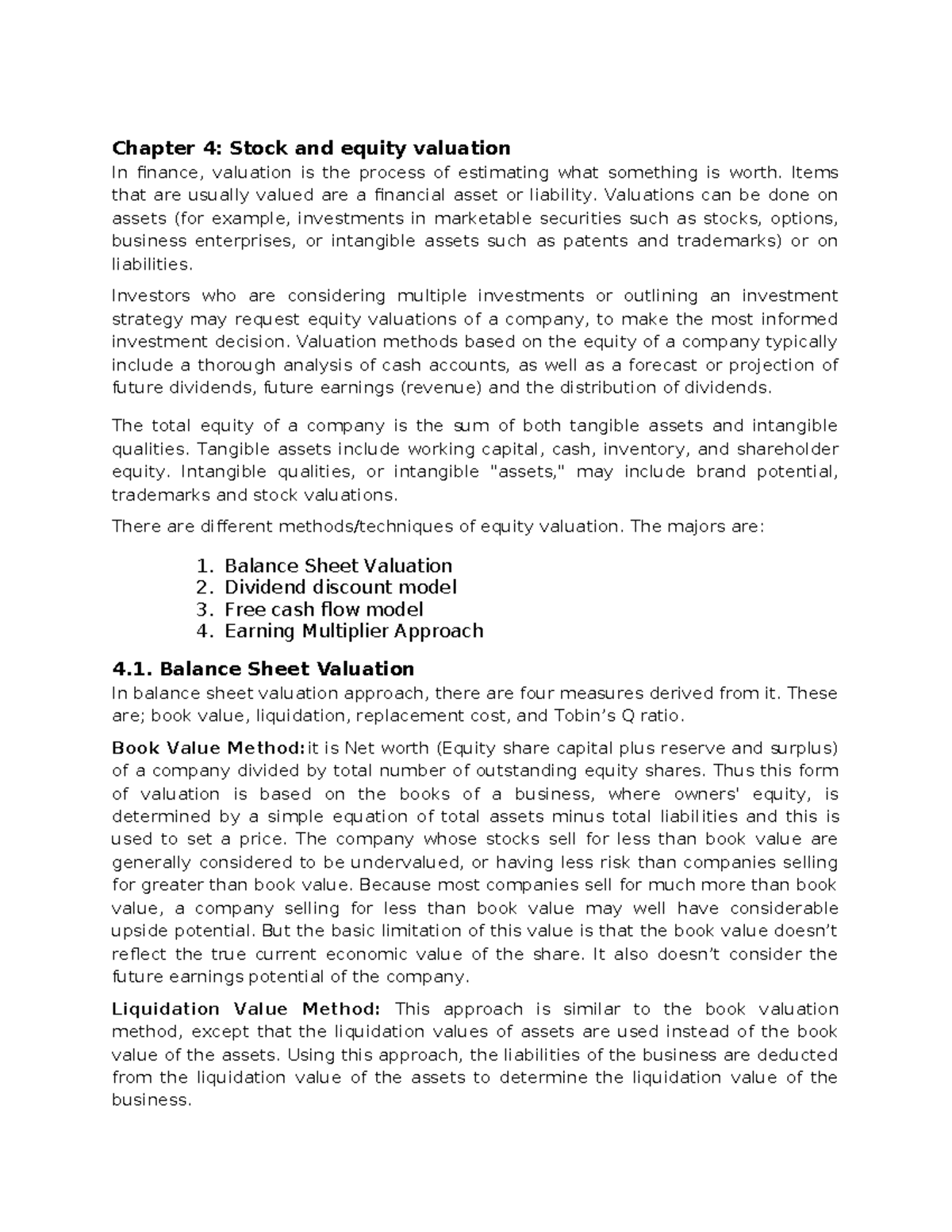 Ch 4 - Investment and portfolio - Chapter 4: Stock and equity valuation In finance, valuation is ...
