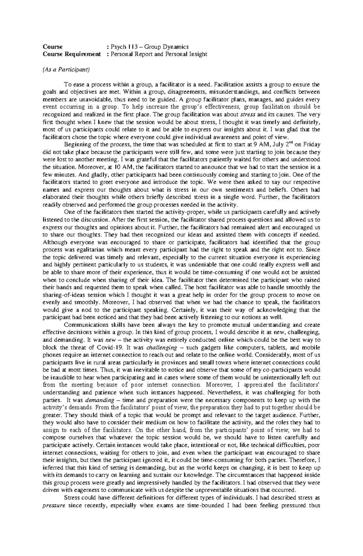 Narrative Report on Group Facilitation - Course : Psych 113 – Group ...