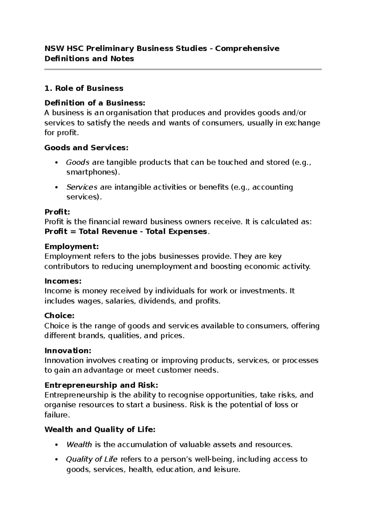 NSW HSC Preliminary Business Studies: Key Definitions & Concepts - Studocu