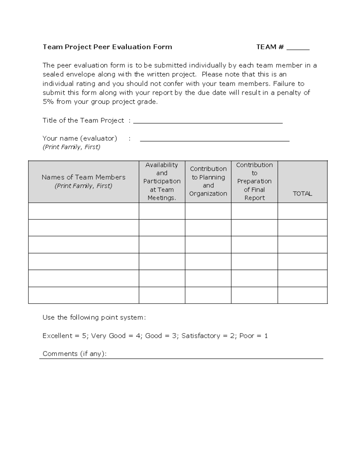 Peer Evaluation Form for Team Project Submission - Studocu
