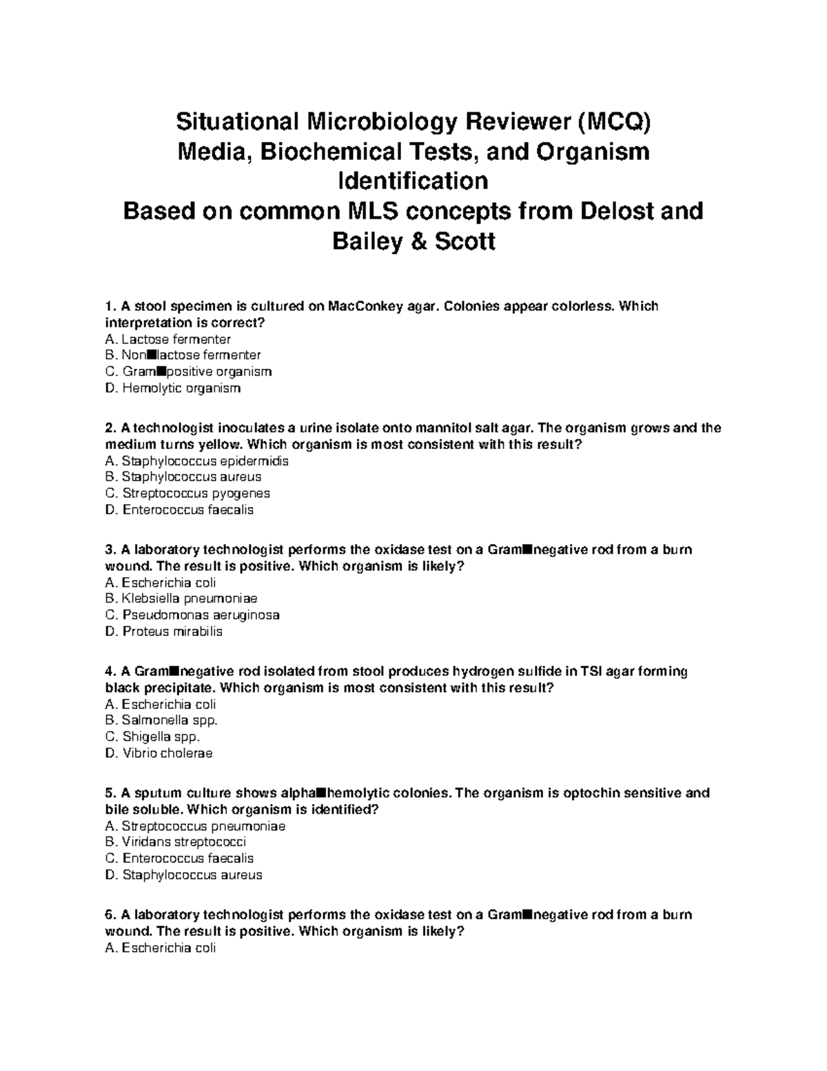 Microbiology Situational Reviewer (MCQ) for MLS Concepts - Studocu