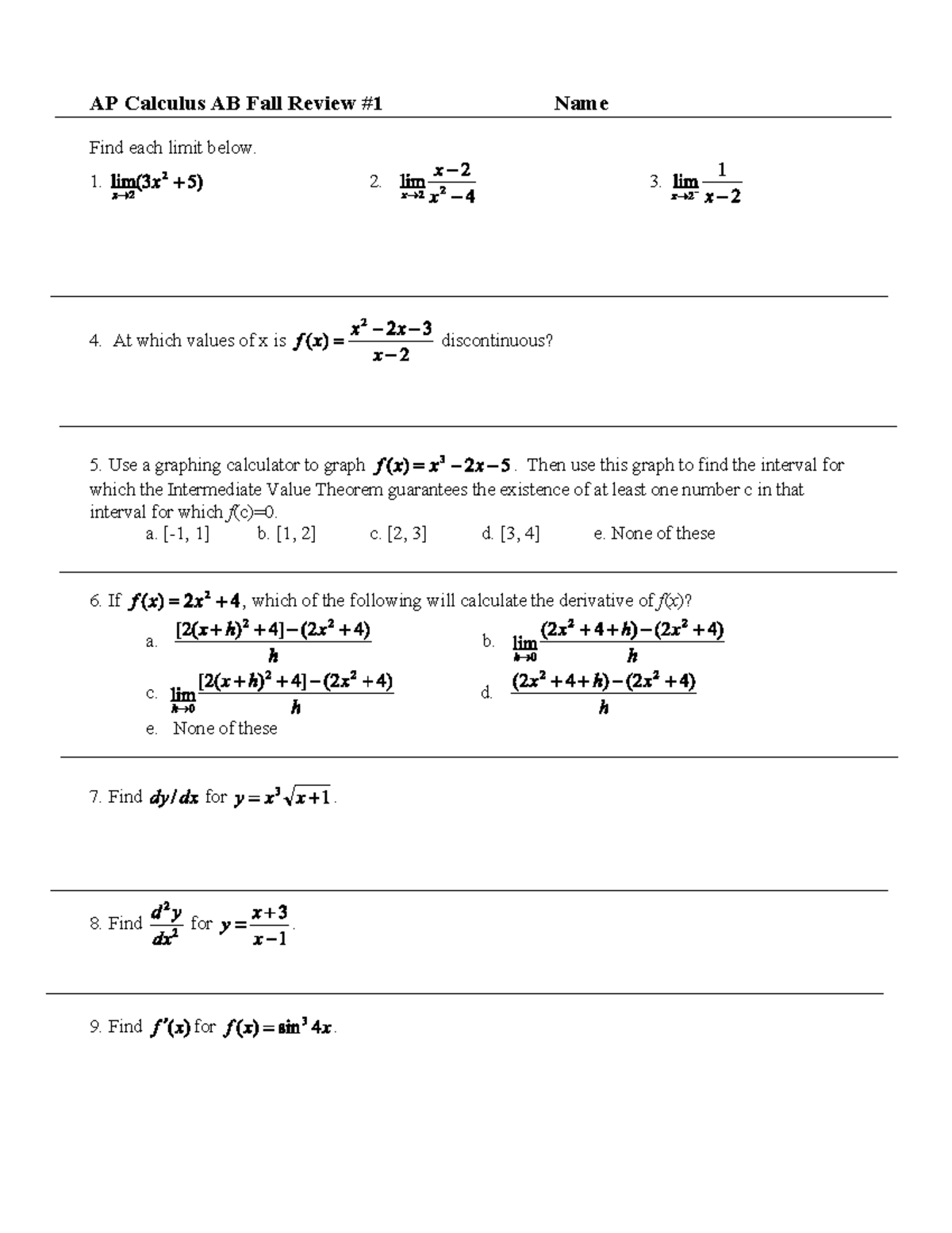 AP Calculus AB Fall Final Review: Key Concepts and Problems - Studocu