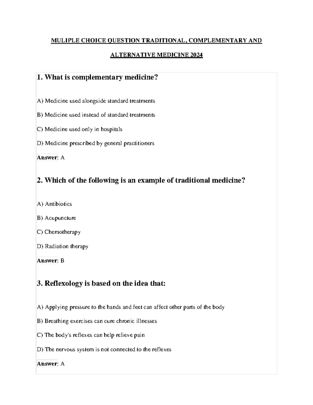 Multiple Choice Questions on Traditional & Complementary Medicine (TM ...
