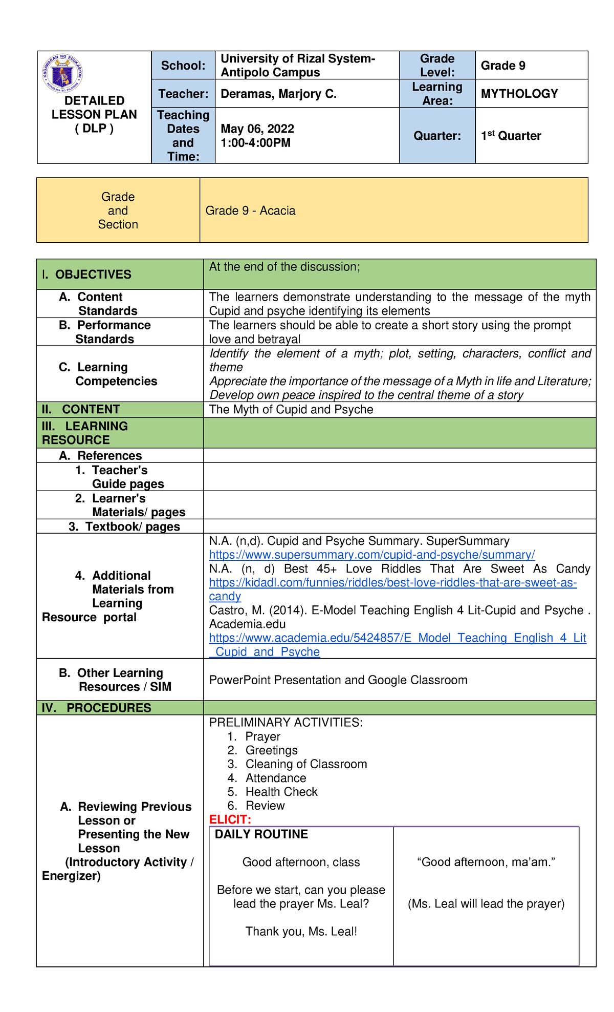 Detailed Lesson Plan: Exploring Mythology in Grade 9 - Studocu