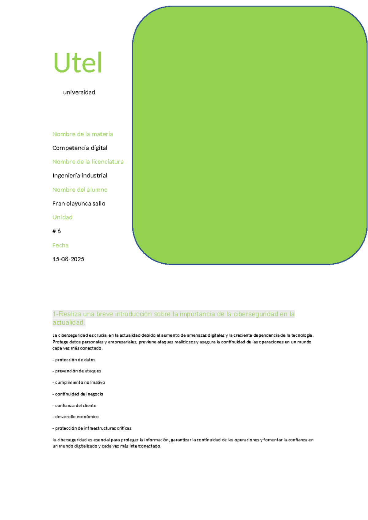 Utel Tarea Competencia Digital 6: Importancia de la Ciberseguridad ...