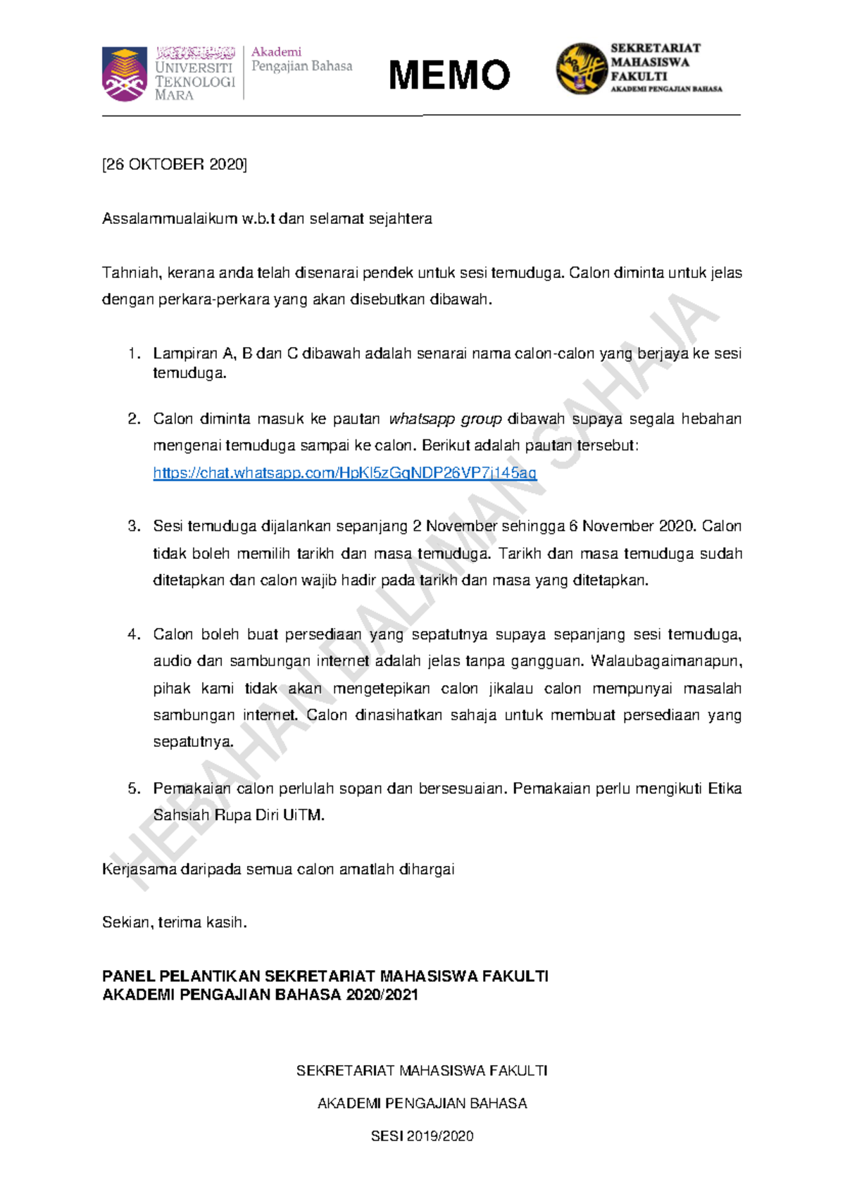MEMO Hebahan Calon Smfapb SESI 2020-2021 [26 - SEKRETARIAT MAHASISWA ...