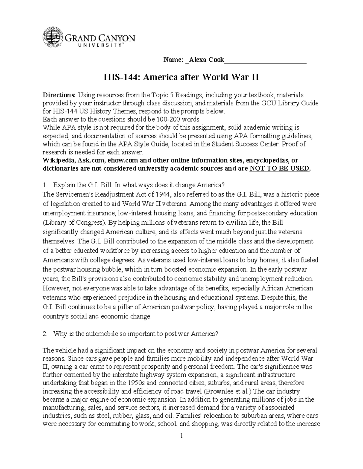 HIS-144: America’s Transformation Post-WWII - Worksheet Insights - Studocu