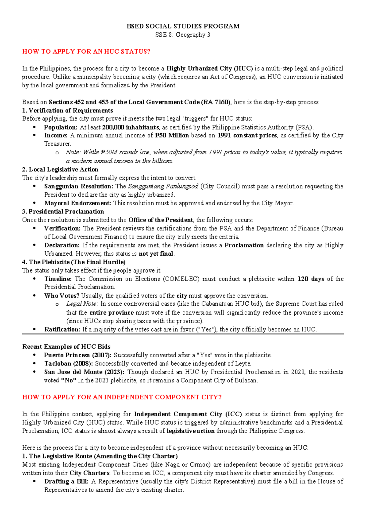 BSED SOCIAL STUDIES PROGRAM SSE 8: HUC, ICC, and CC Status Application ...