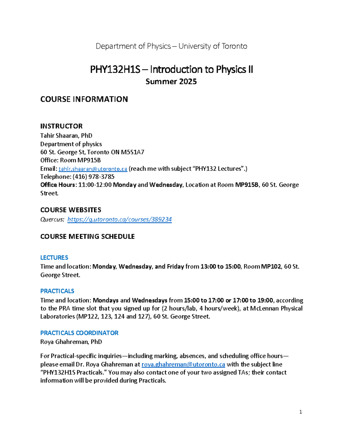 PHY132H1S: Introduction to Physics II Summer 2025 Syllabus - Studocu