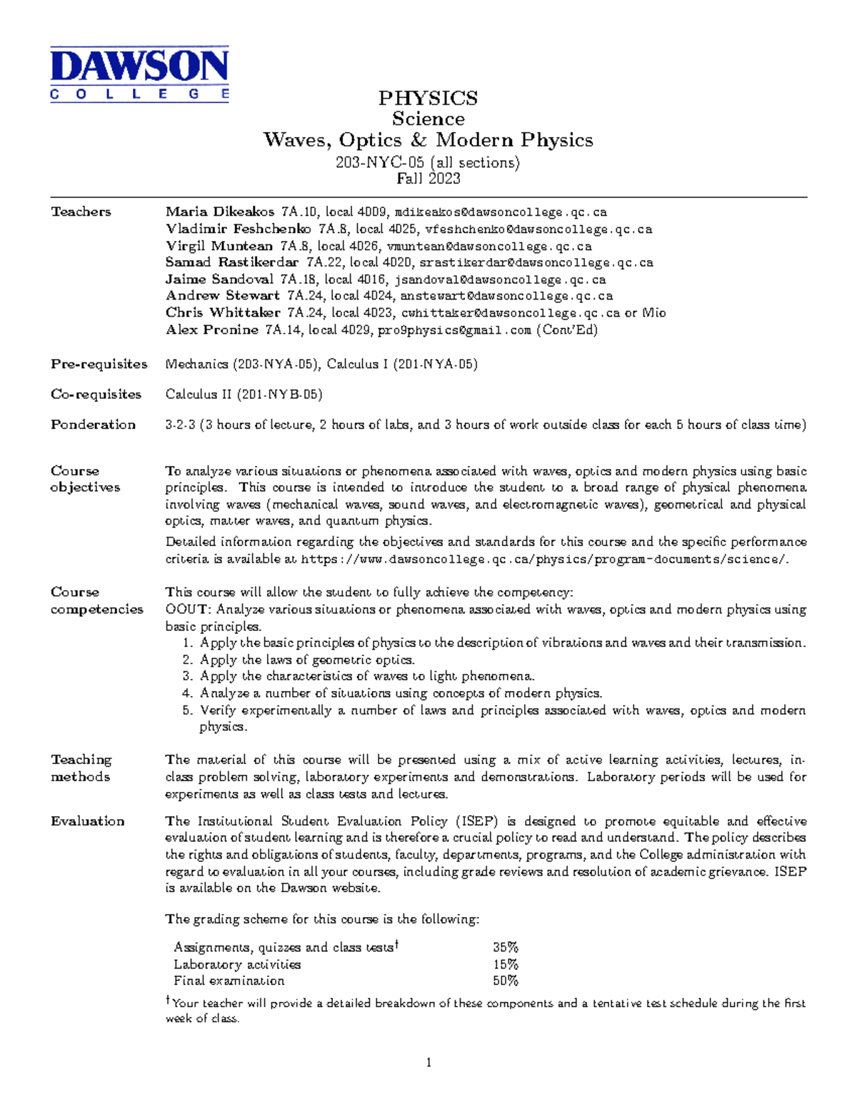 203-NYC-05 Fall 2023 - Physics Course Outline: Waves & Optics - Studocu