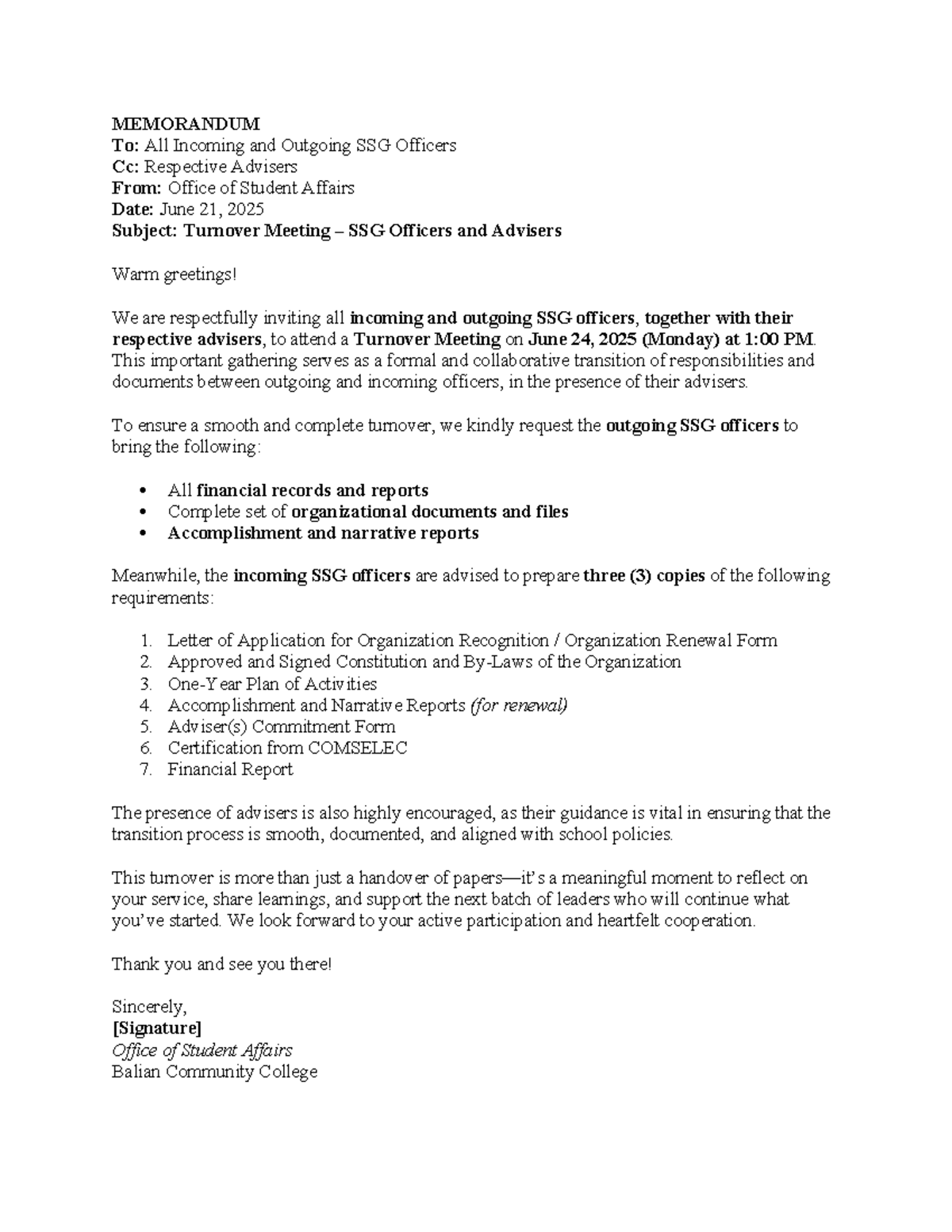 Memorandum for Turnover Meeting of SSG Officers 2024-25 - Studocu