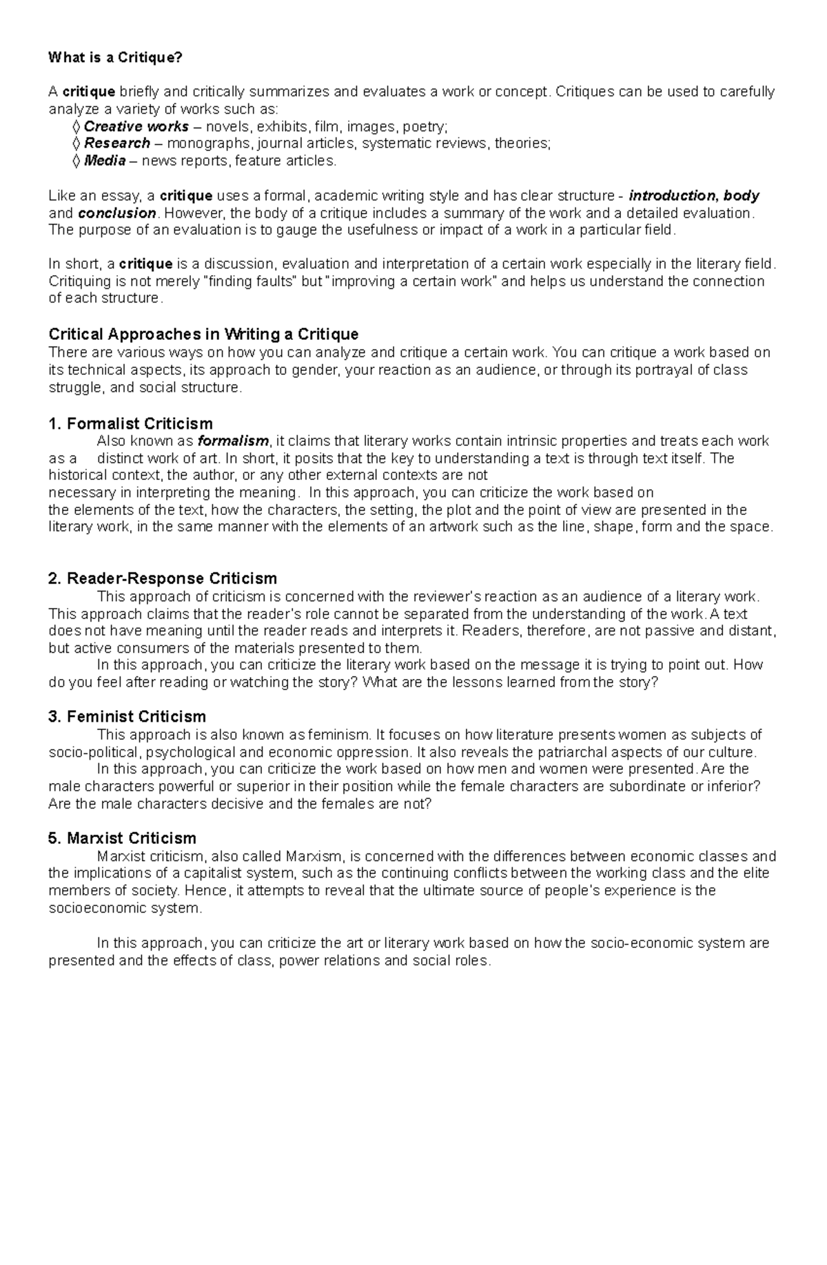 Critique Overview: Key Approaches and Evaluation Techniques - Studocu