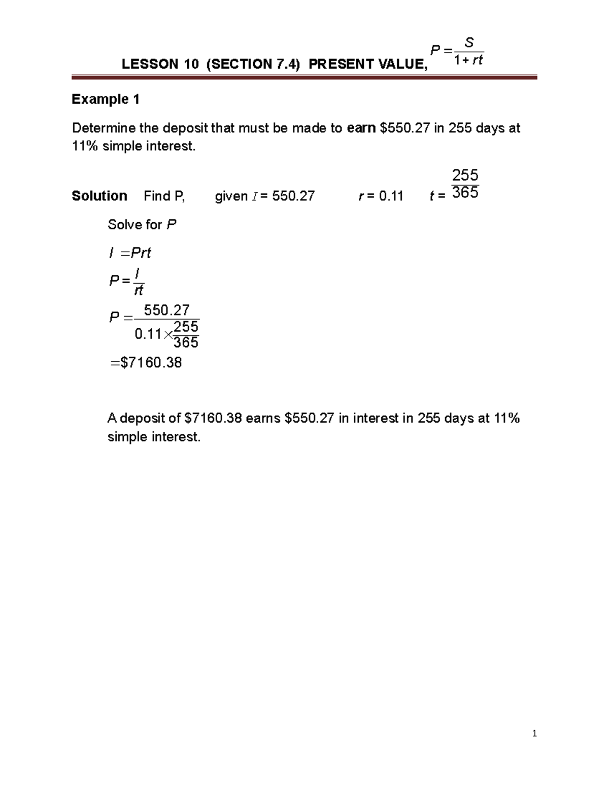 Lesson 10 7.4 Simple Interest Present Value - LESSON 10 (SECTION 7 ...