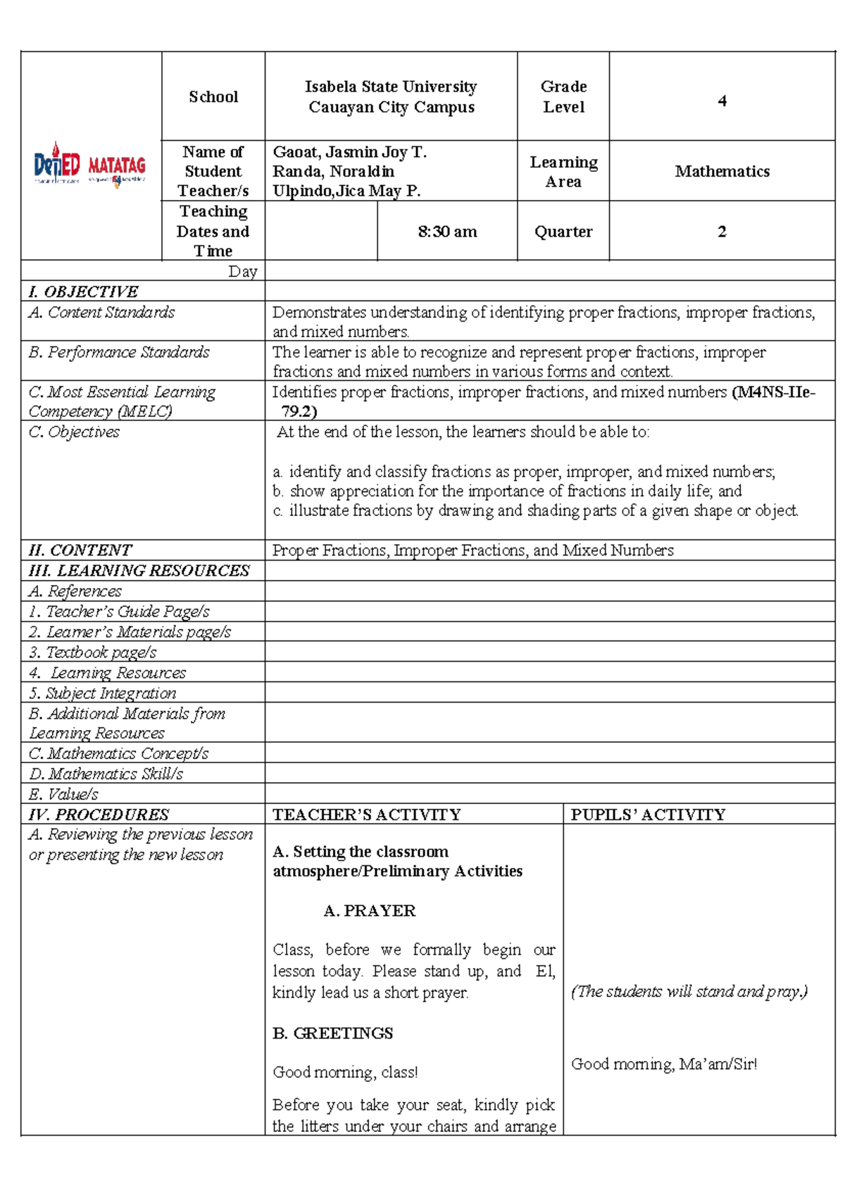 Mathematics Lesson Plan: Proper, Improper Fractions & Mixed Numbers ...