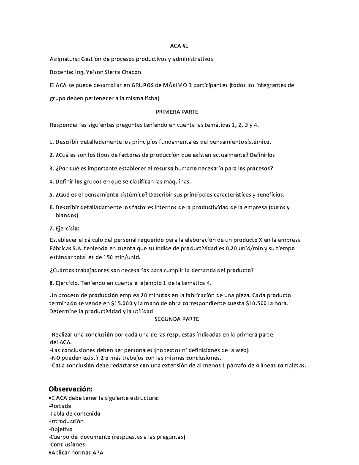 ACA #1 Gestión de Procesos Productivos: Análisis y Ejercicios - Studocu