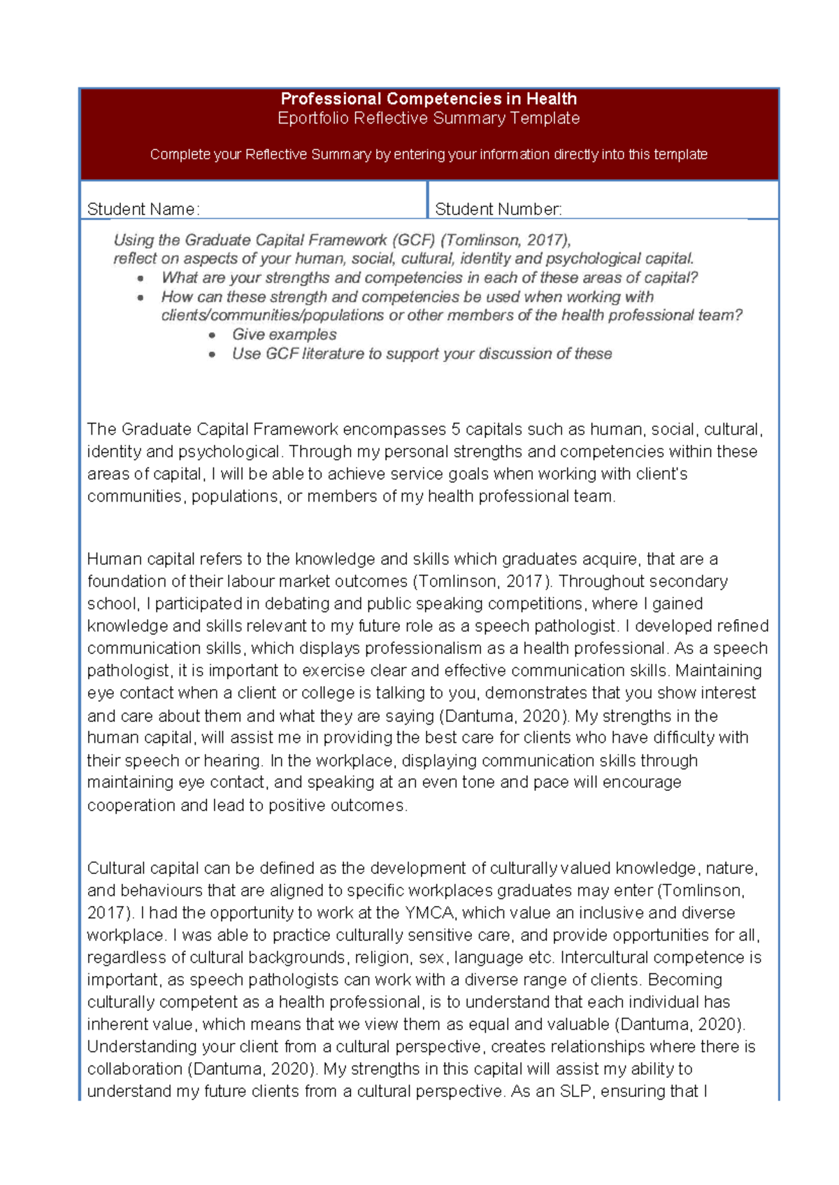 HLTH1013 Professional Competencies Reflective Summary Template - Studocu