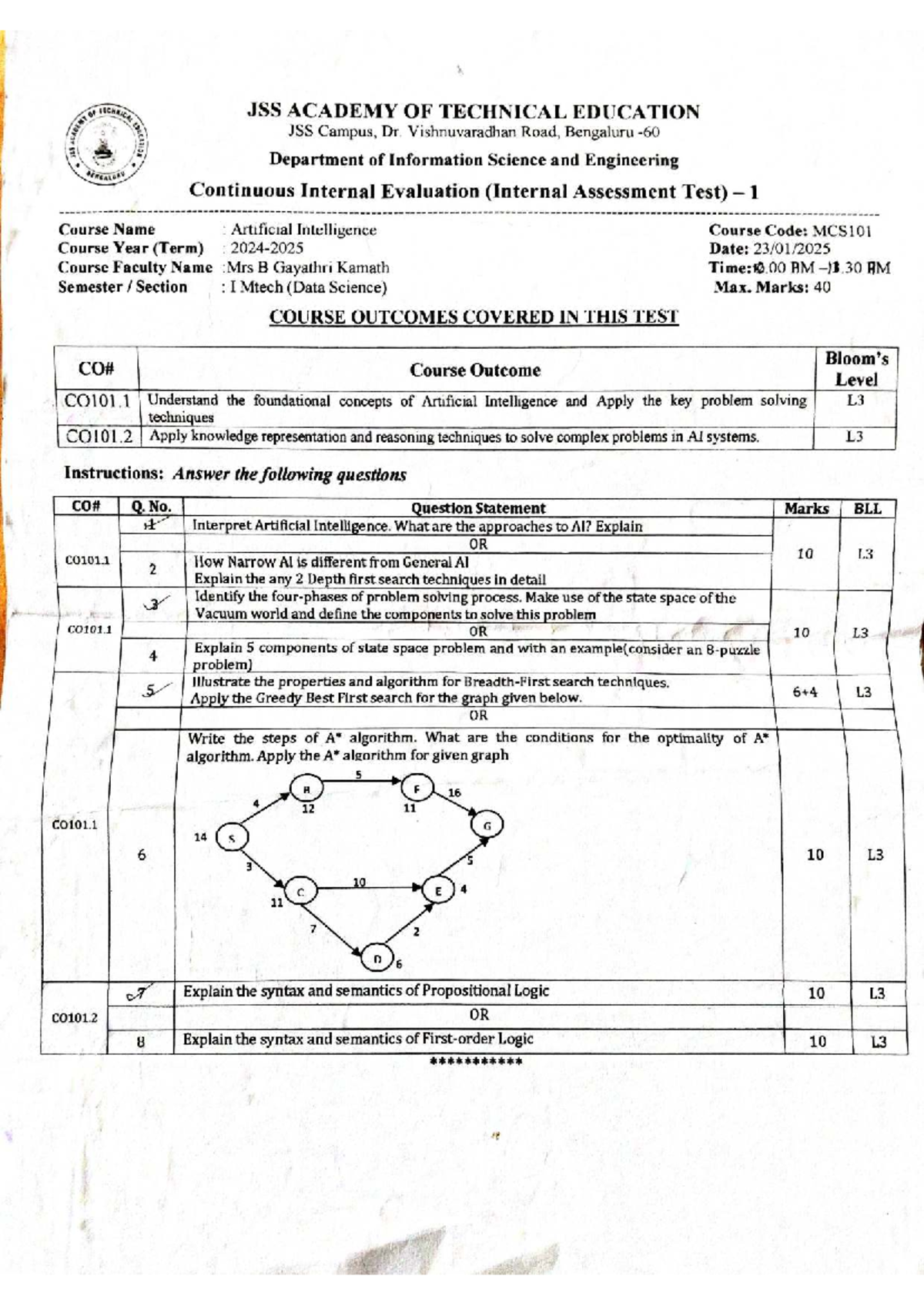 Internal Assessment Test 1: Artificial Intelligence - MCS101 - Studocu