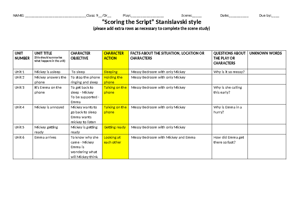 Scoring the Script Worksheet: Stanislavski Style Scene Study - Studocu