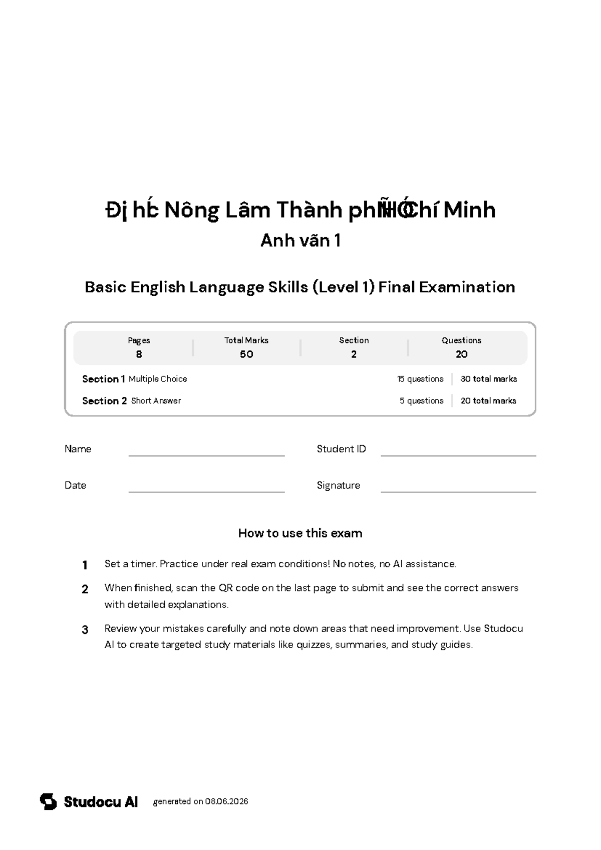 Basic English Language Skills (Level 1) Final Exam - Studocu