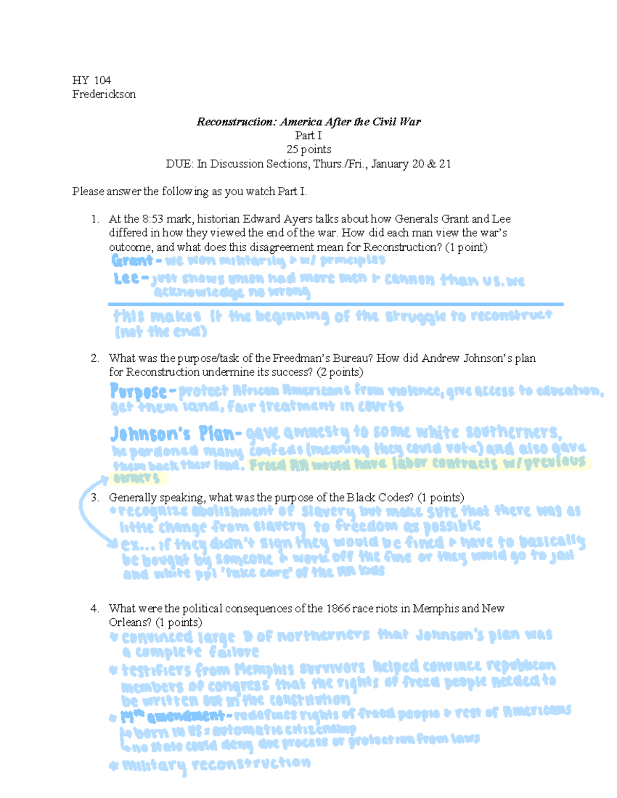 Reconstruction: America After the Civil War HY 104 Study Questions ...