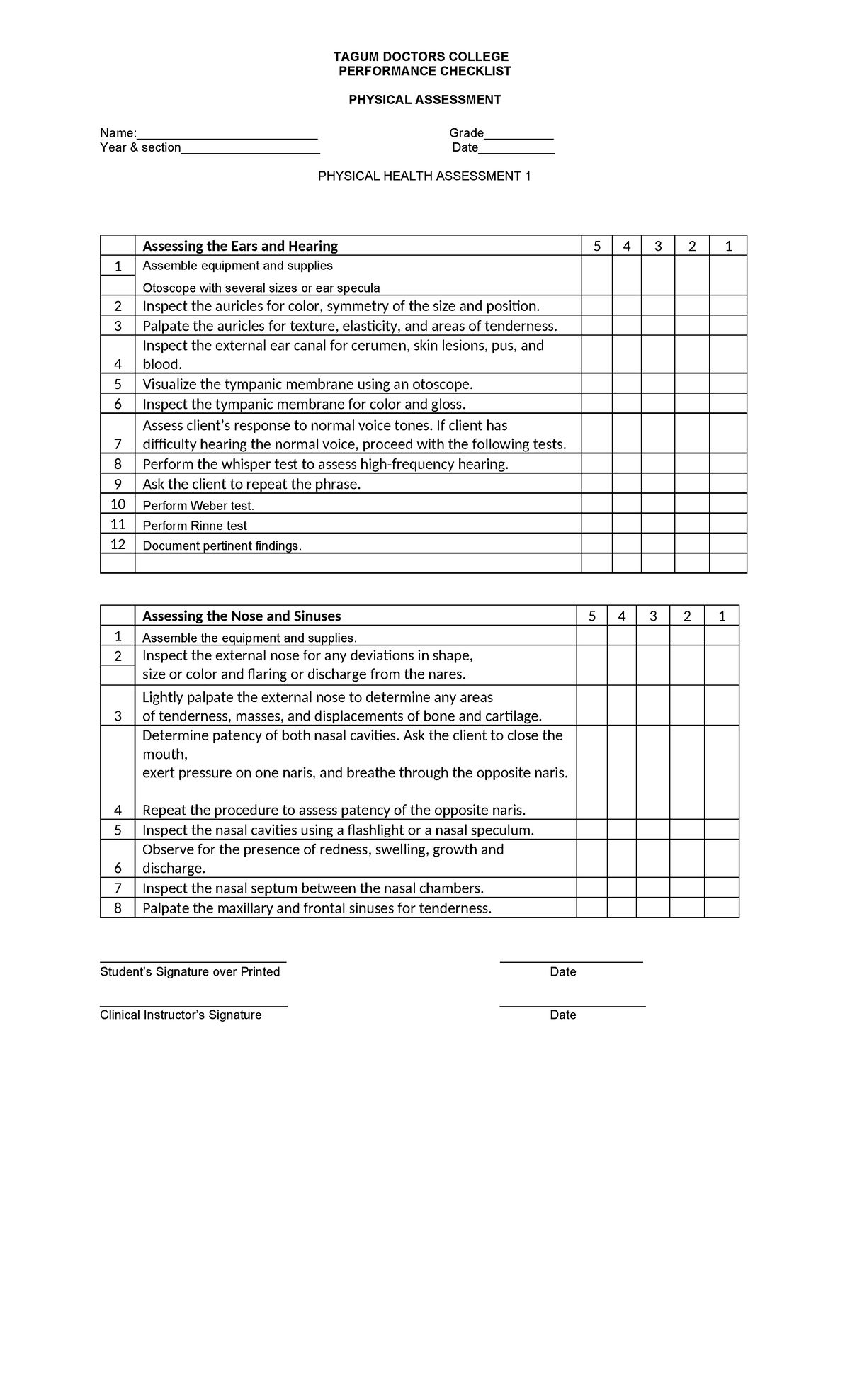 TAGUM DOCTORS COLLEGE PHYSICAL ASSESSMENT CHECKLIST Year 1 - Studocu