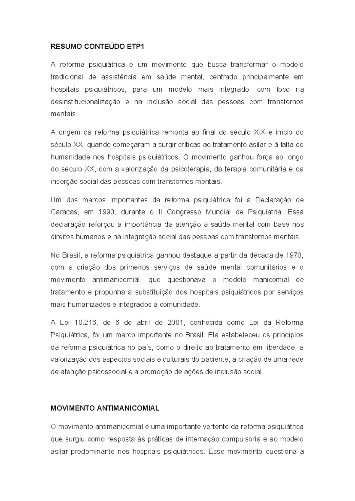 Resumo do Conteúdo da ETP1: Reforma Psiquiátrica e Movimentos Sociais ...
