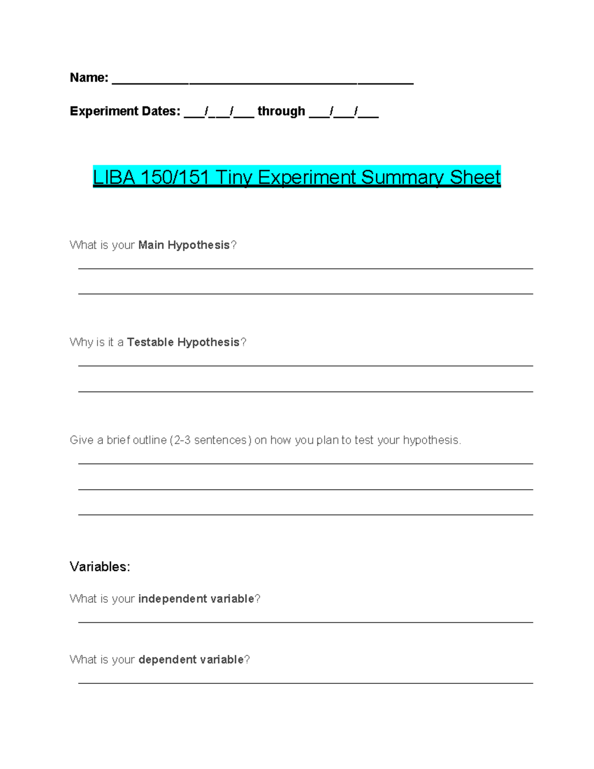 Tiny Experiments Summary Sheet: Hypothesis & Design Guide - Studocu