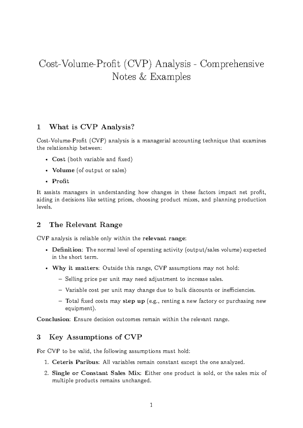 (CVP) Analysis Comprehensive Notes and Examples Summary - Studocu