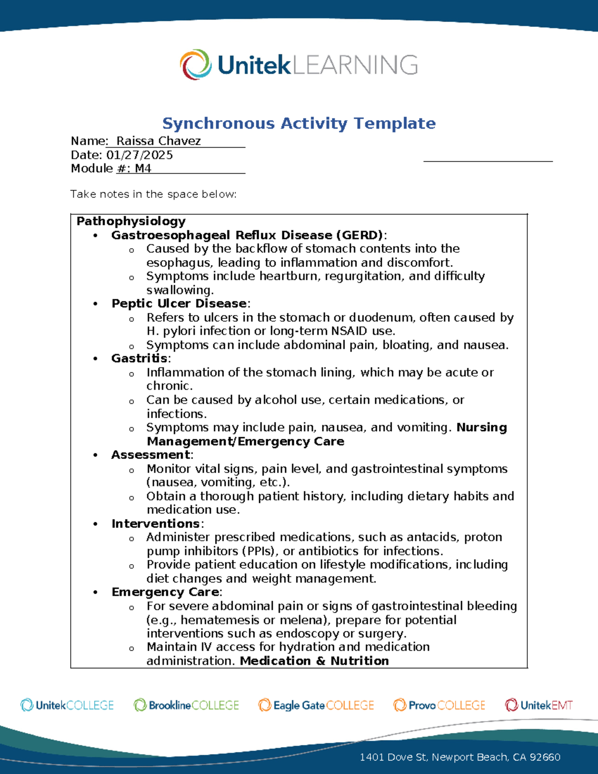 Synchronous Activity Template - Med surg M4 - 1401 Dove St, Newport ...