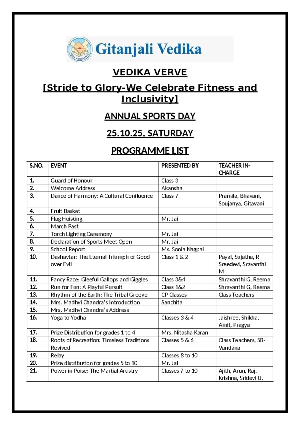 VEDIKA VERVE Annual Sports Day Programme List - 25.10.25 - Studocu