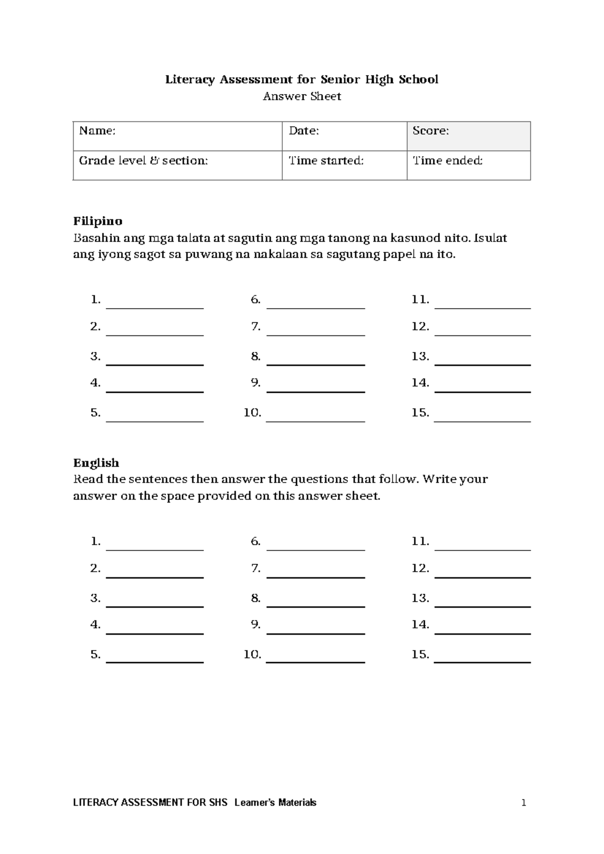 Literacy Assessment for SHS: Student Answer Sheet and Materials - Studocu