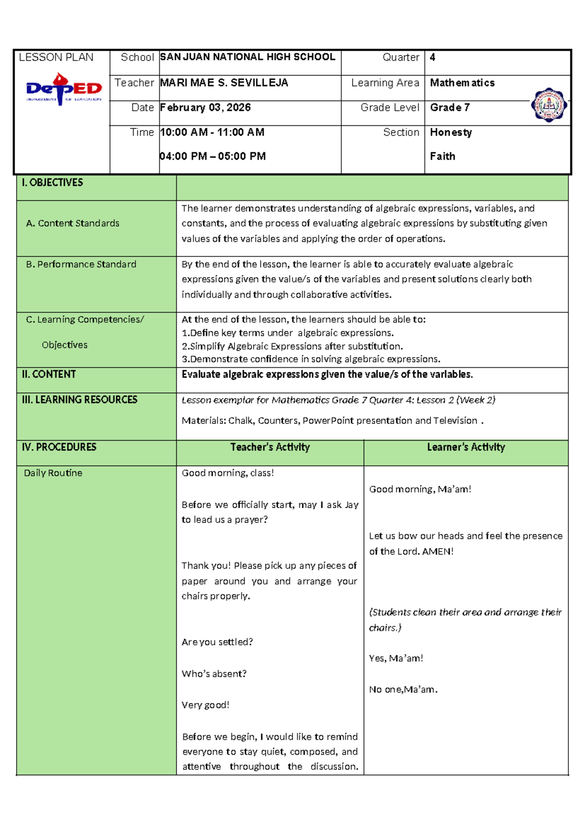 DLP-7: Detailed Lesson Plan on Evaluating Algebraic Expressions - Studocu