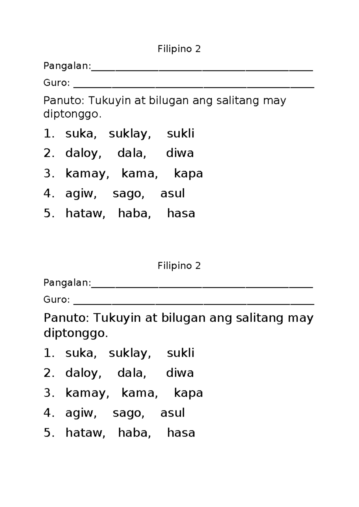 Filipino 2 - LESSON PLAN - Filipino 2 Pangalan