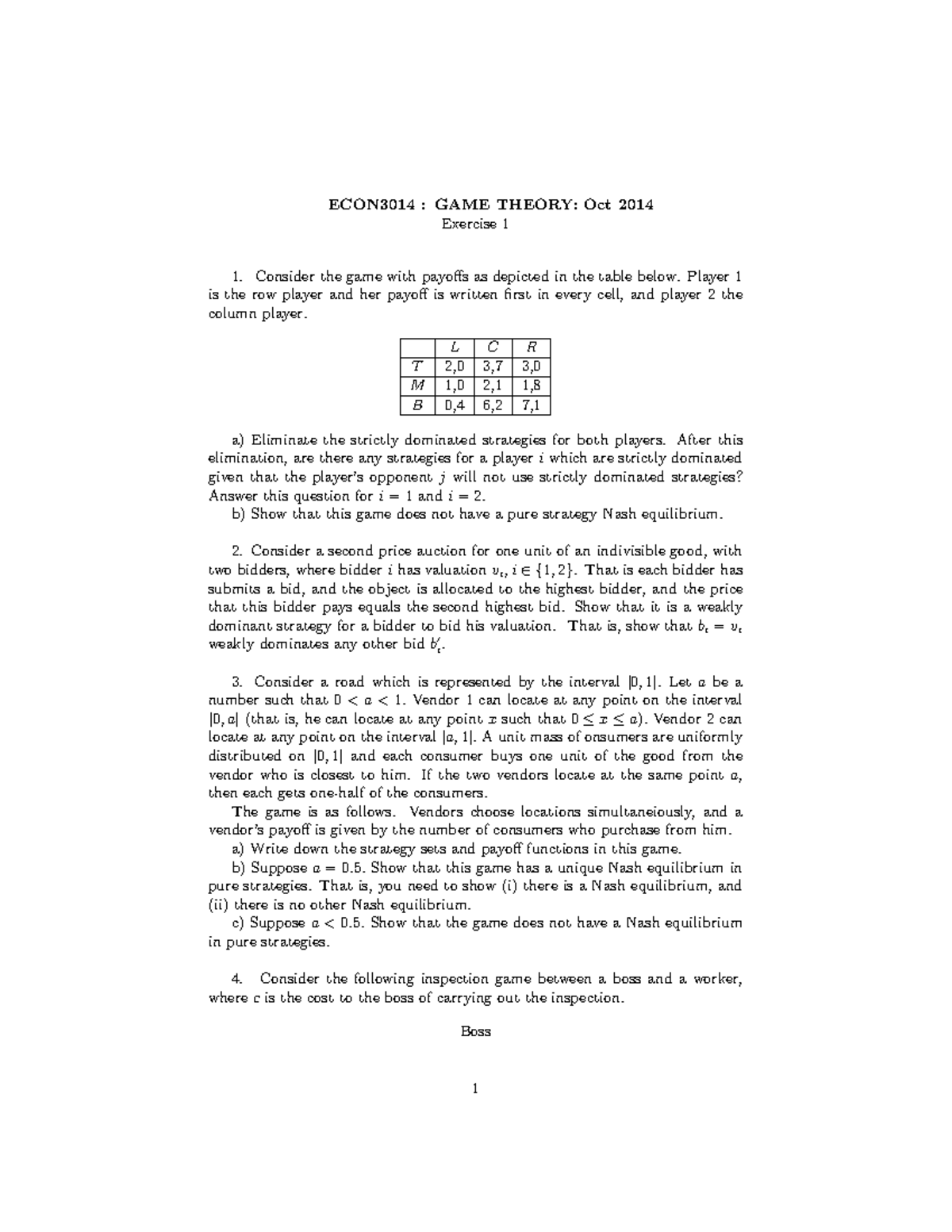 ECON3014: Game Theory - Exercise Sheet 1 Problem Set Analysis - Studocu