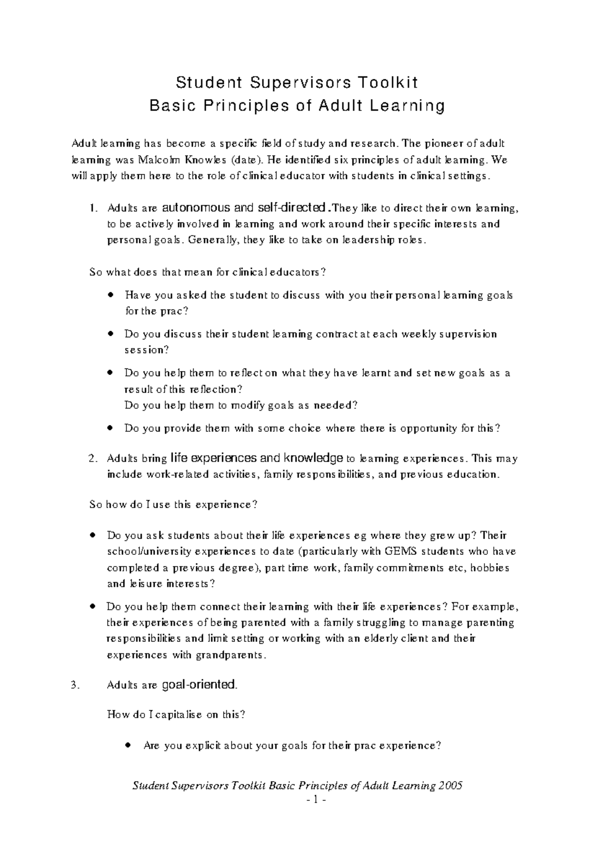 Student Supervisors Toolkit: Principles of Adult Learning - Studocu