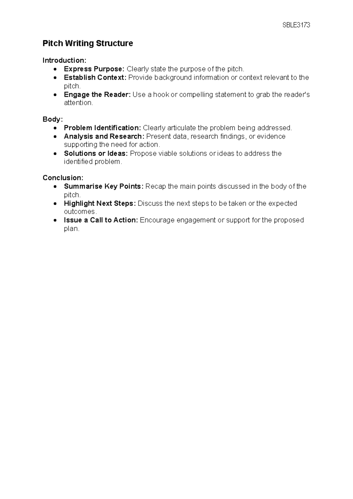 Pitch Writing Structure: Effective Strategies for Solutions - Studocu