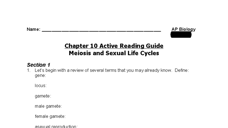 AP Biology (BIO101) Chapter 10 Active Reading Guide: Meiosis & Life ...