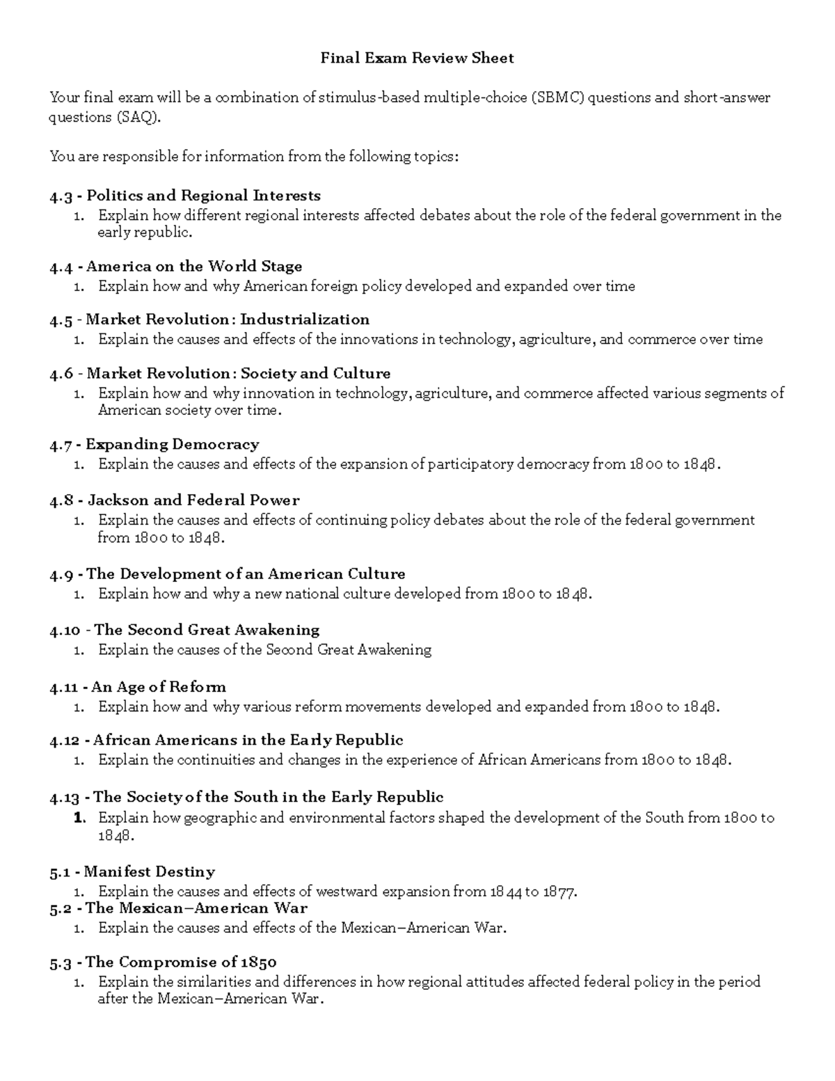 Final Exam Review Sheet for APUSH: Key Topics and Concepts - Studocu