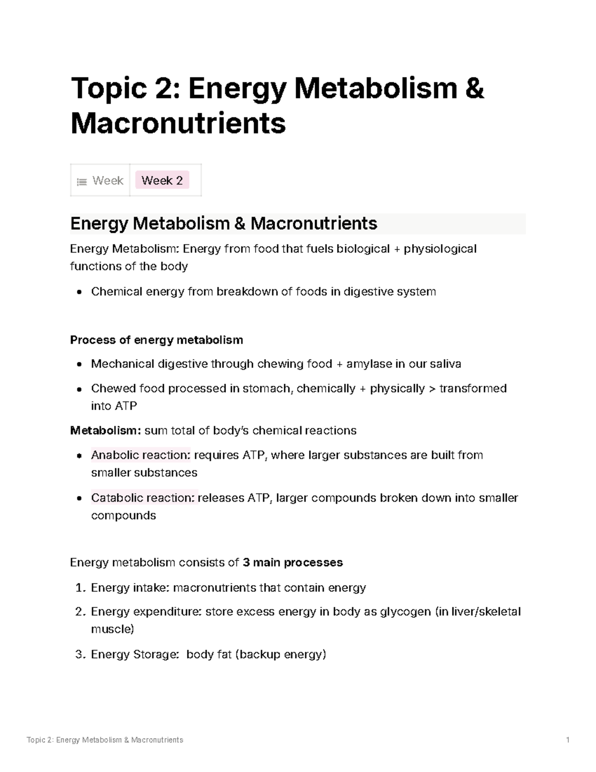 Week 2: Energy Metabolism & Macronutrients Overview (Course Code) - Studocu
