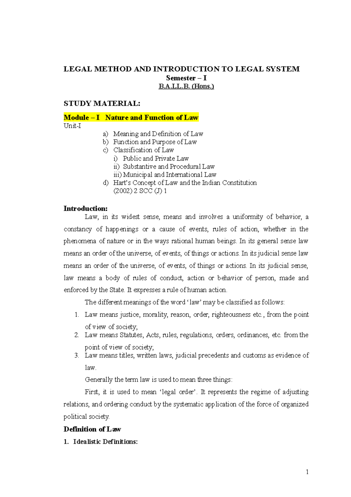 Legal Method Notes - LEGAL METHOD AND INTRODUCTION TO LEGAL SYSTEM ...