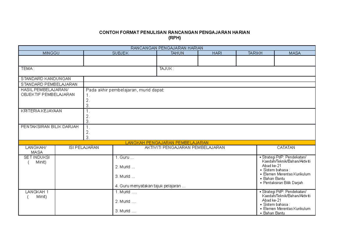 RPH BM - Contoh Format Rancangan Pengajaran Harian dan Refleksi - Studocu